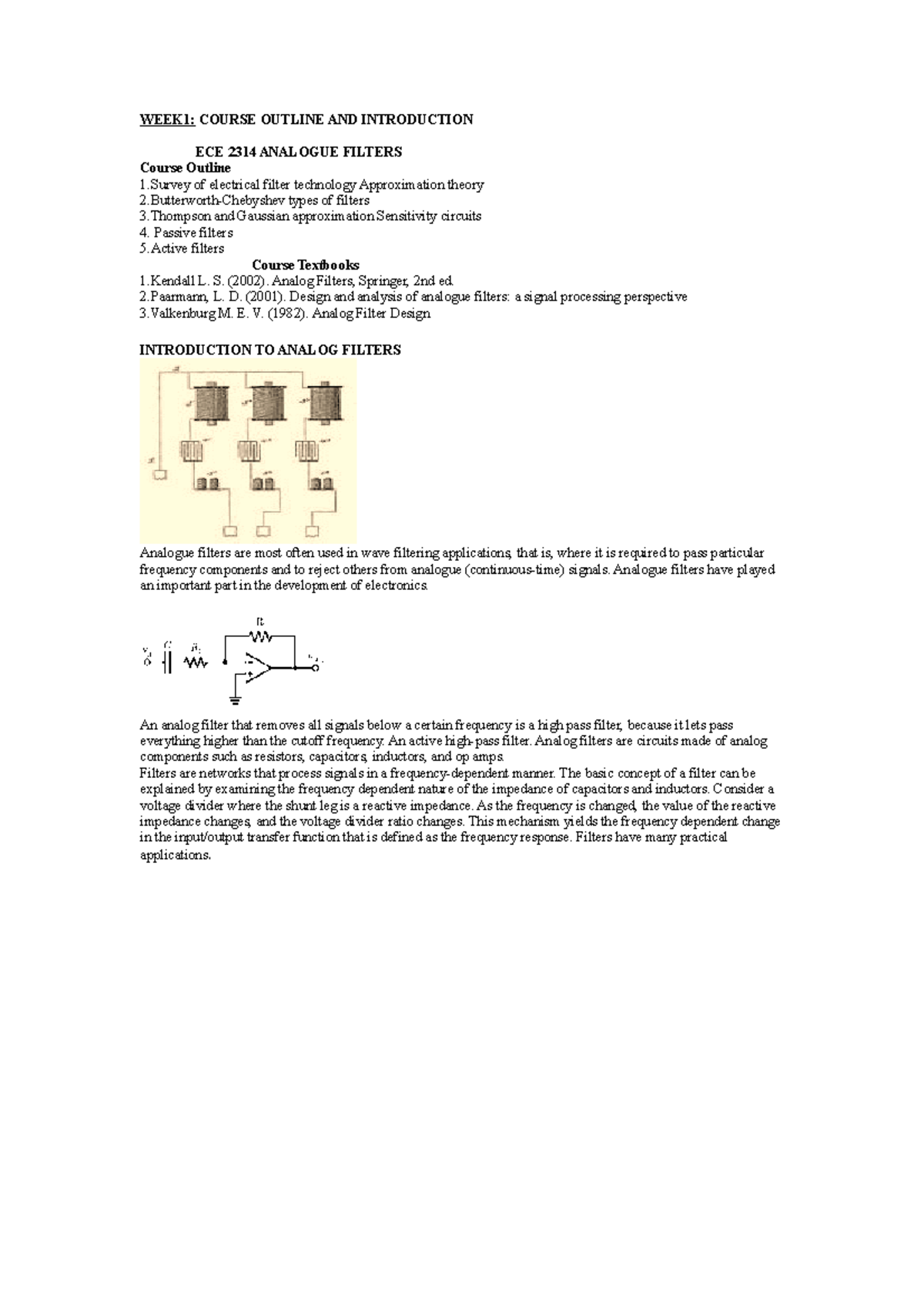 Analogfilters Week1 Notes Week1 Course Outline And Introduction Ece 2314 Analogue Filters