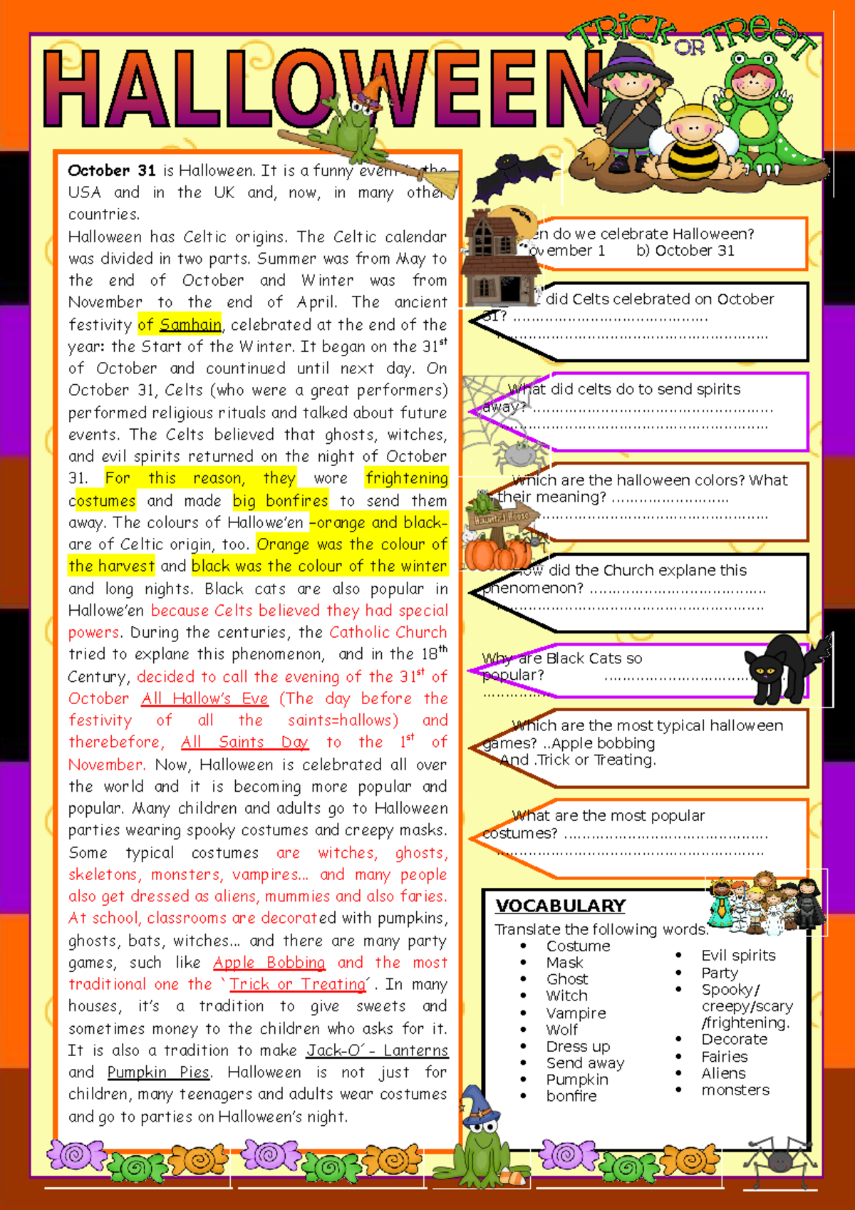 Halloween reading worksheet 1 5th - October 31 is Halloween. It is a ...
