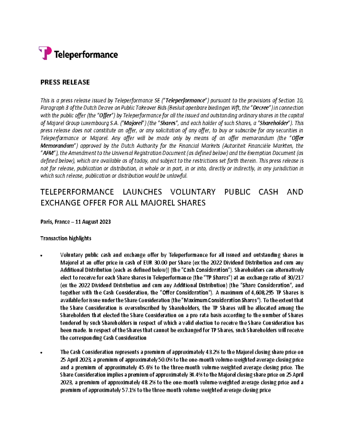 Teleperformance press release majorel offer launch ev def - PRESS RELEASE This is a press ...