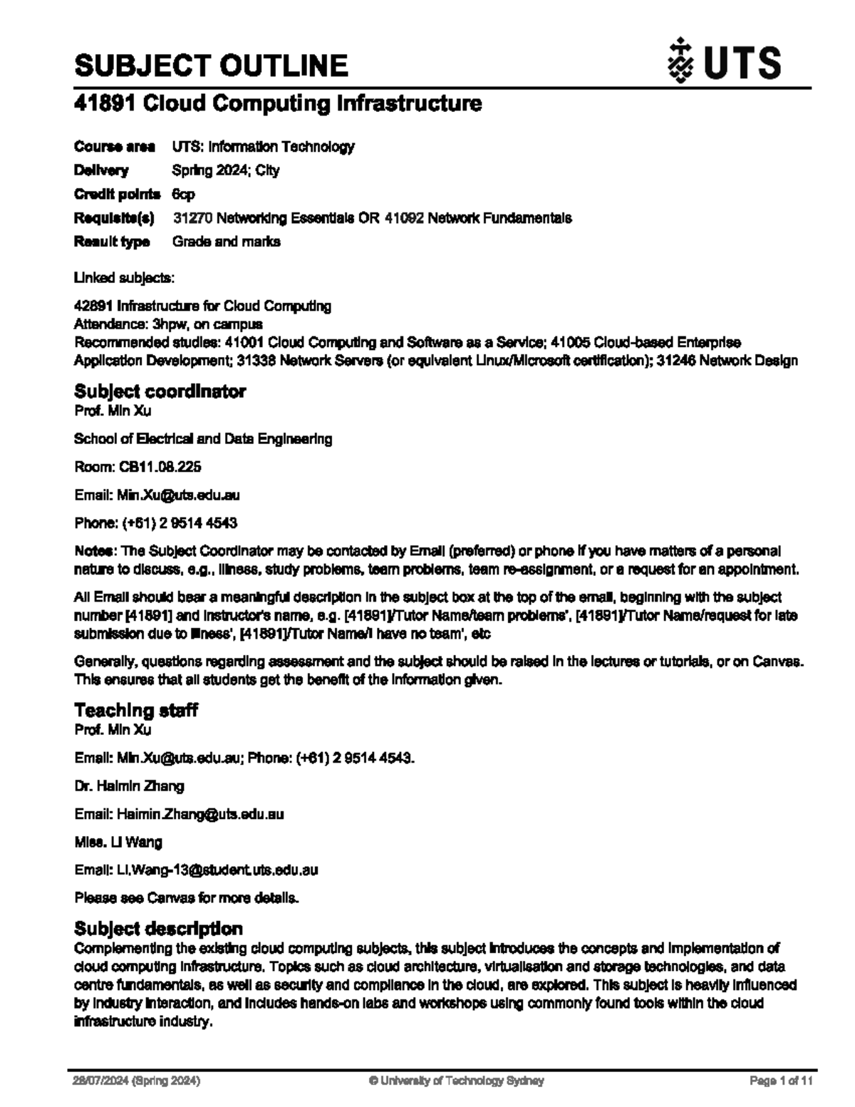 41891 Cloud Computing Infrastructure Outline - SUBJECT OUTLINE UTS 41891 Cloud Computing - Studocu