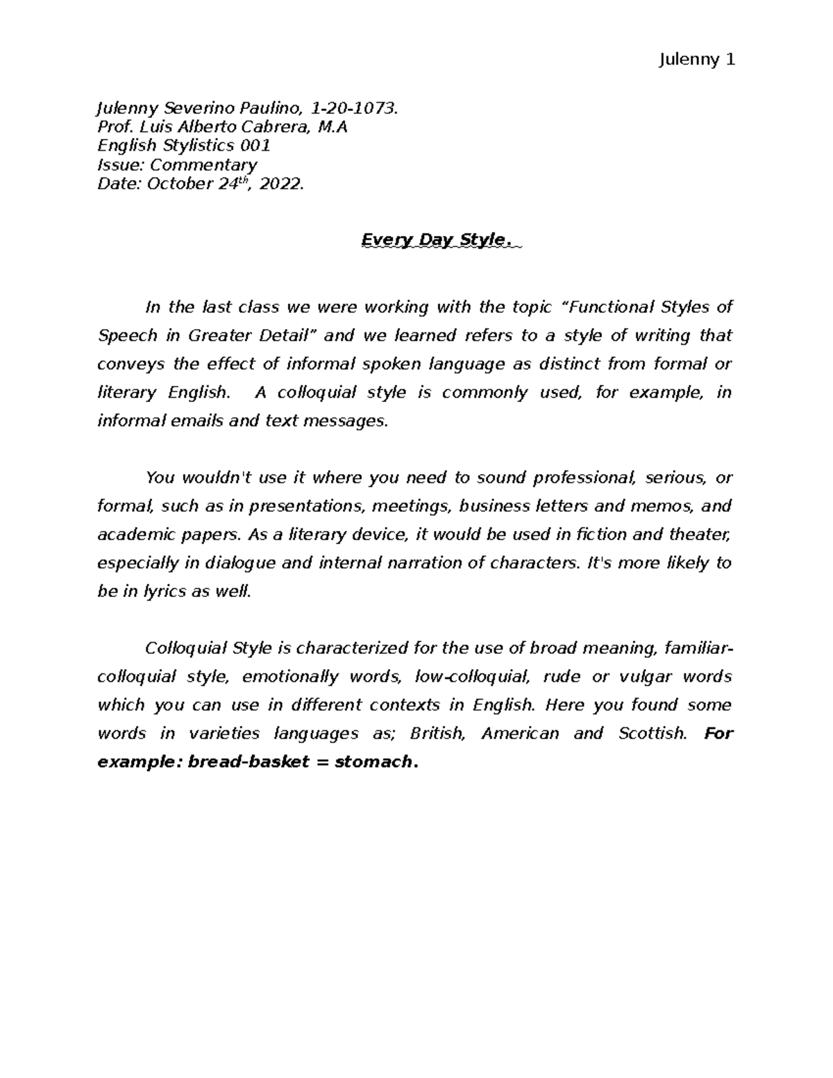 Commentary Stylistic - Apuntes - Julenny 1 Julenny Severino Paulino, 1 ...