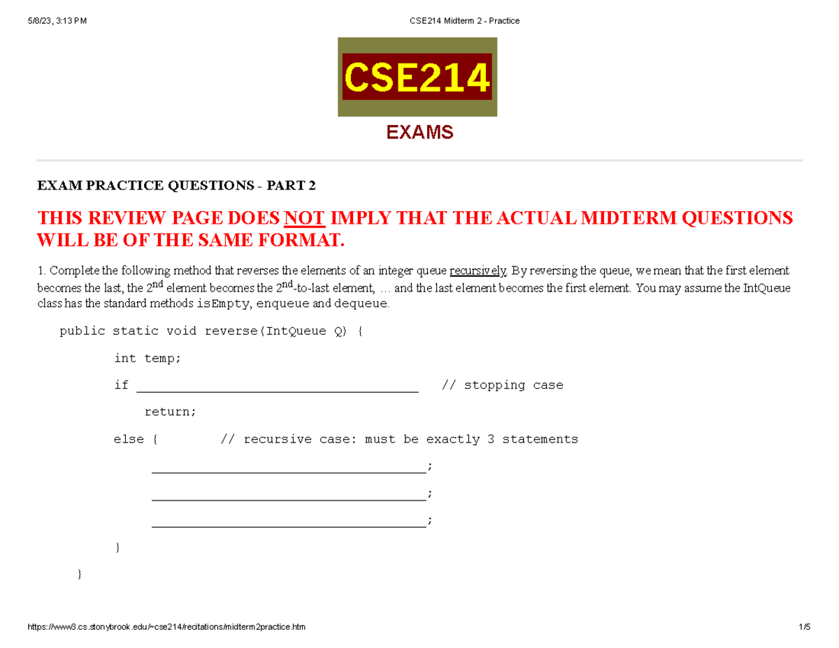 Cse214 Midterm 2 Practice Exams Exam Practice Questions Part 2 This Review Page Does Not