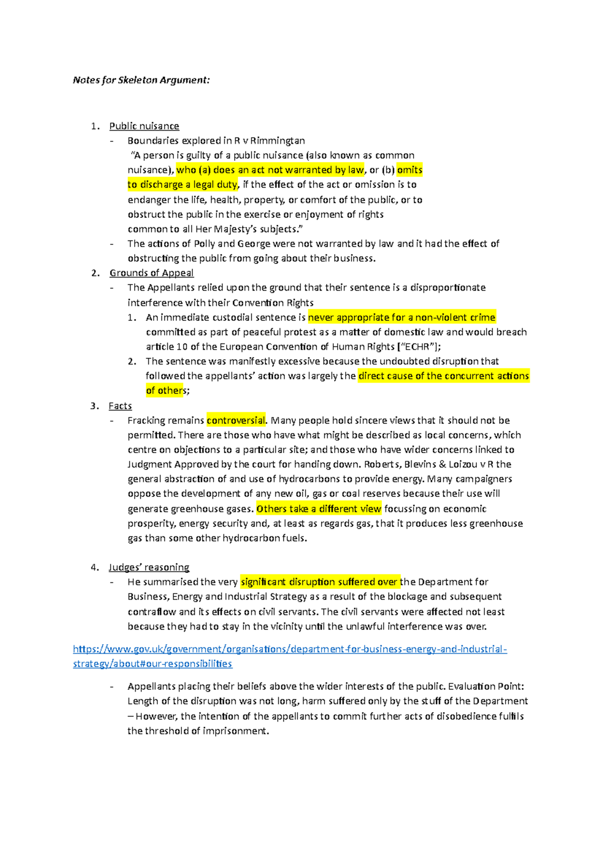 Summative Notes Mooting - Notes for Skeleton Argument: Public nuisance ...