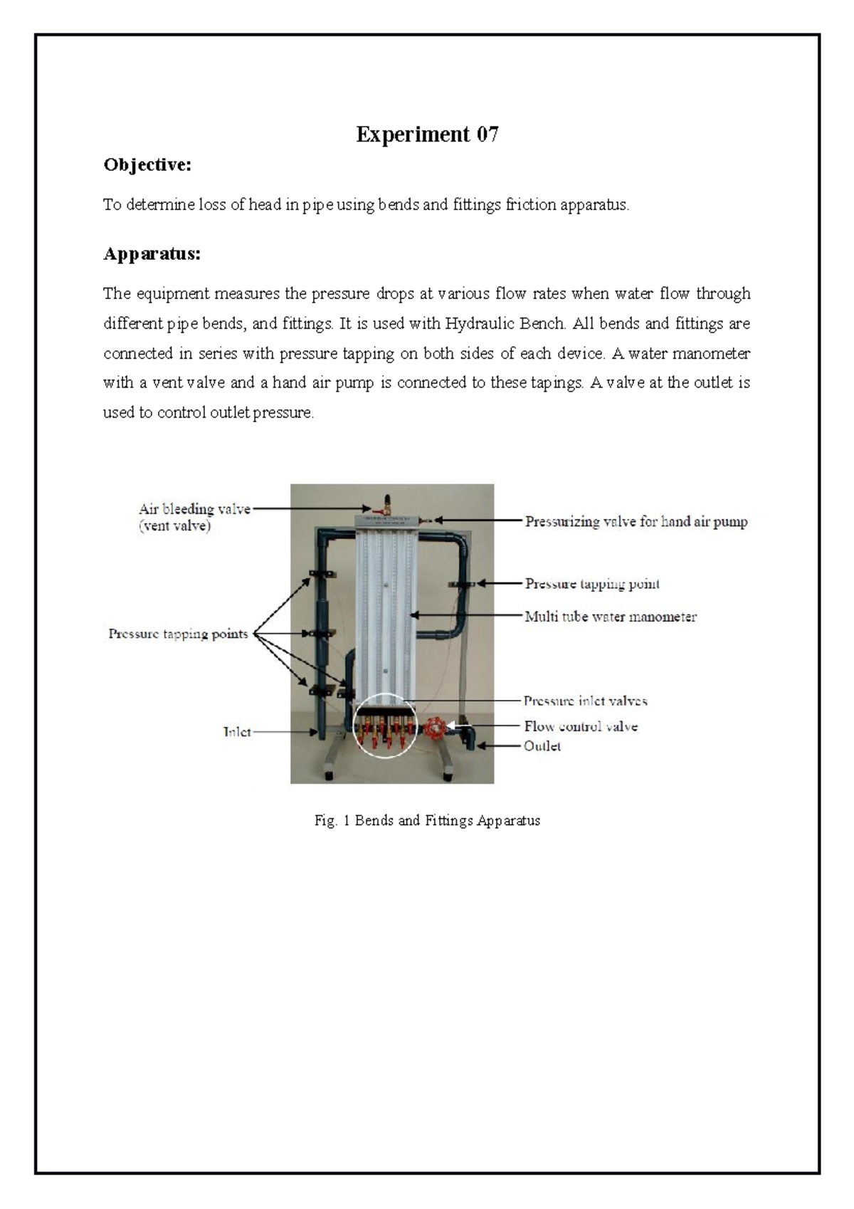 Lab Session 07 To Determine Loss Of Head In Pipe Using Bends And Fittings Friction Apparatus