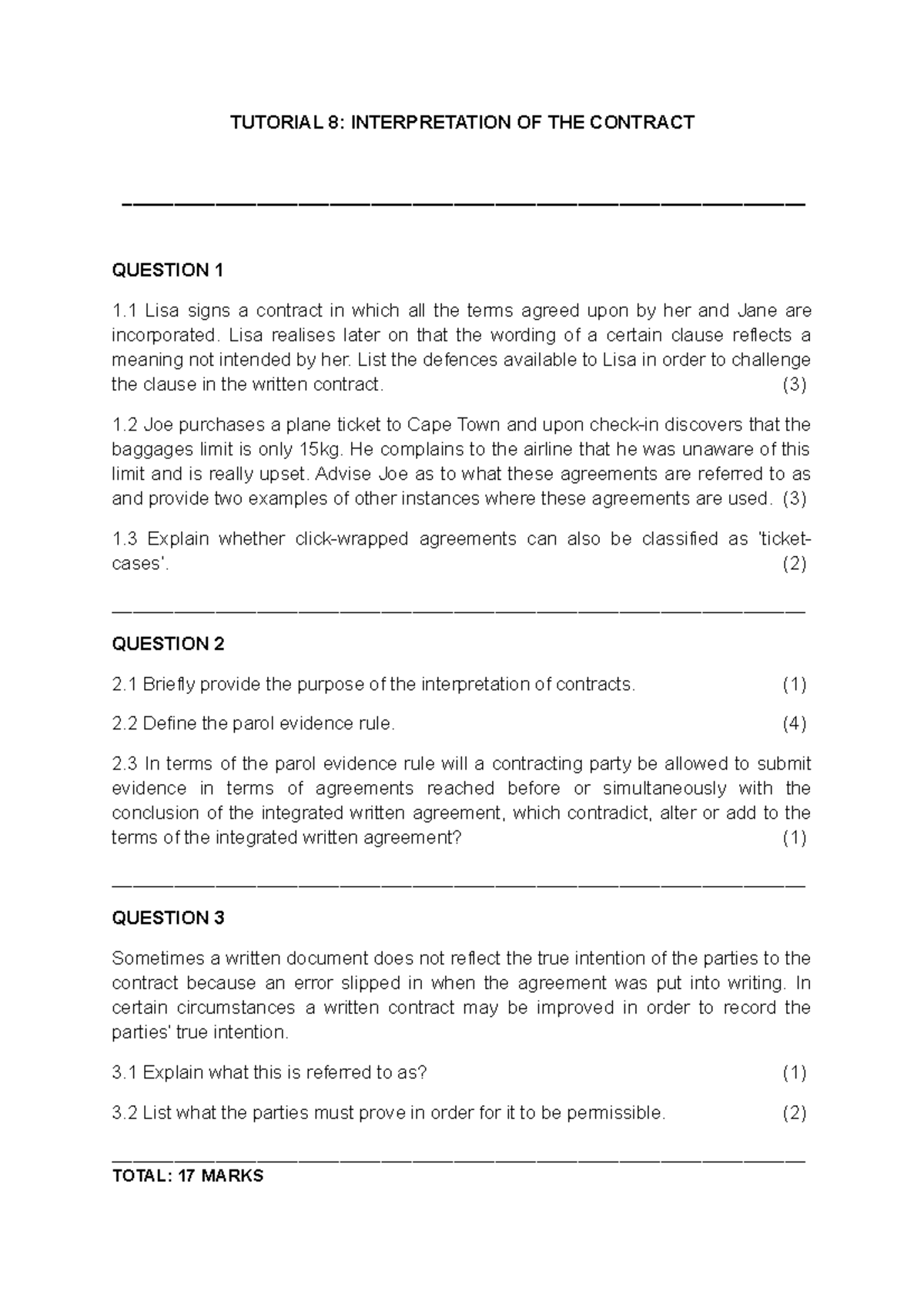 Tutorial 8 Interpretation of Contracts - TUTORIAL 8: INTERPRETATION OF THE CONTRACT - Studocu