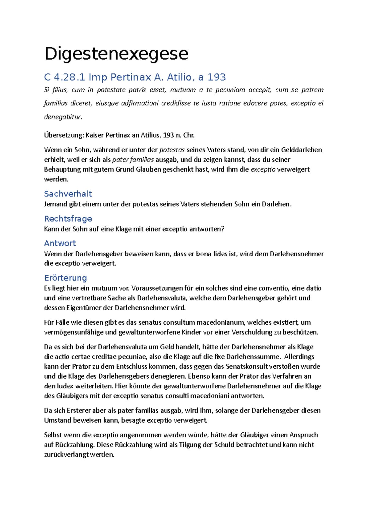 Digestenexegese - 28 Imp Pertinax A. Atilio, a 193 Si filius, cum in ...