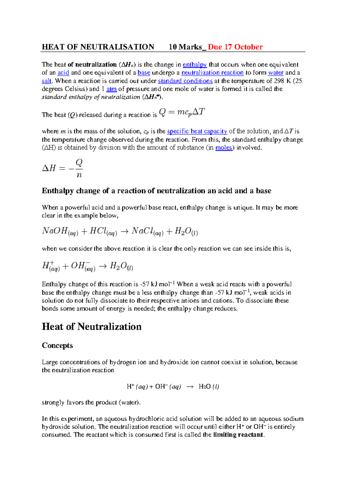 HEAT OF Neutralisation Prac 2 - HEAT OF NEUTRALISATION 10 Marks_ Due 17 ...