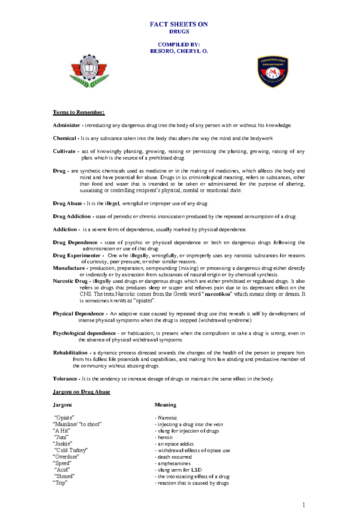 CDI7-Lesson 1-4, Mods. 2 - DRUGS COMPILED BY: BESORO, CHERYL O. Terms to Remember: Administer ...