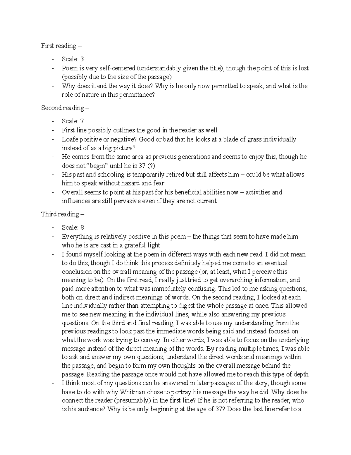 Close Reading Exercise - First reading – Scale: 3 Poem is very self ...