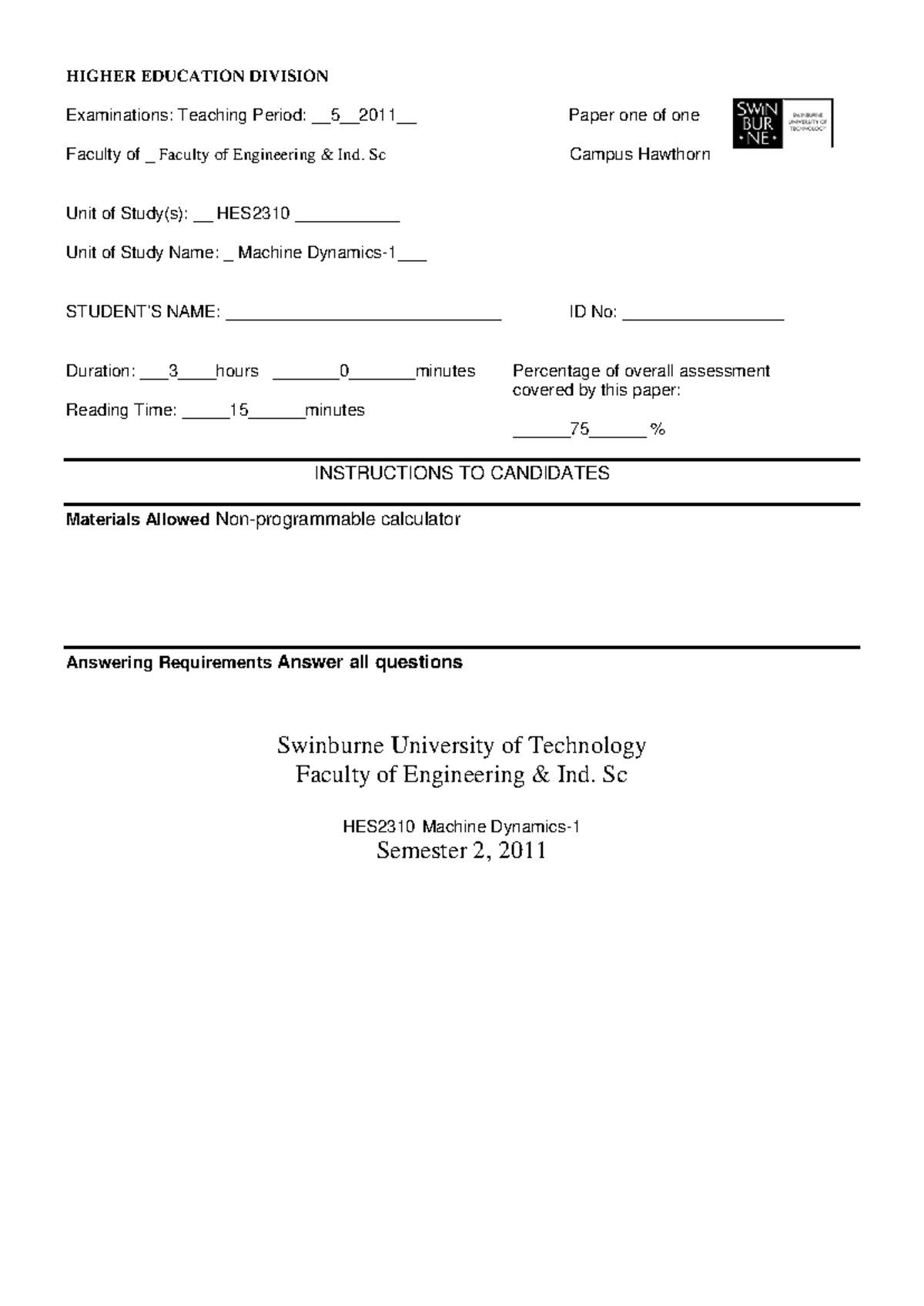 Exam 2011, questions - HIGHER EDUCATION DIVISION Examinations: Teaching ...