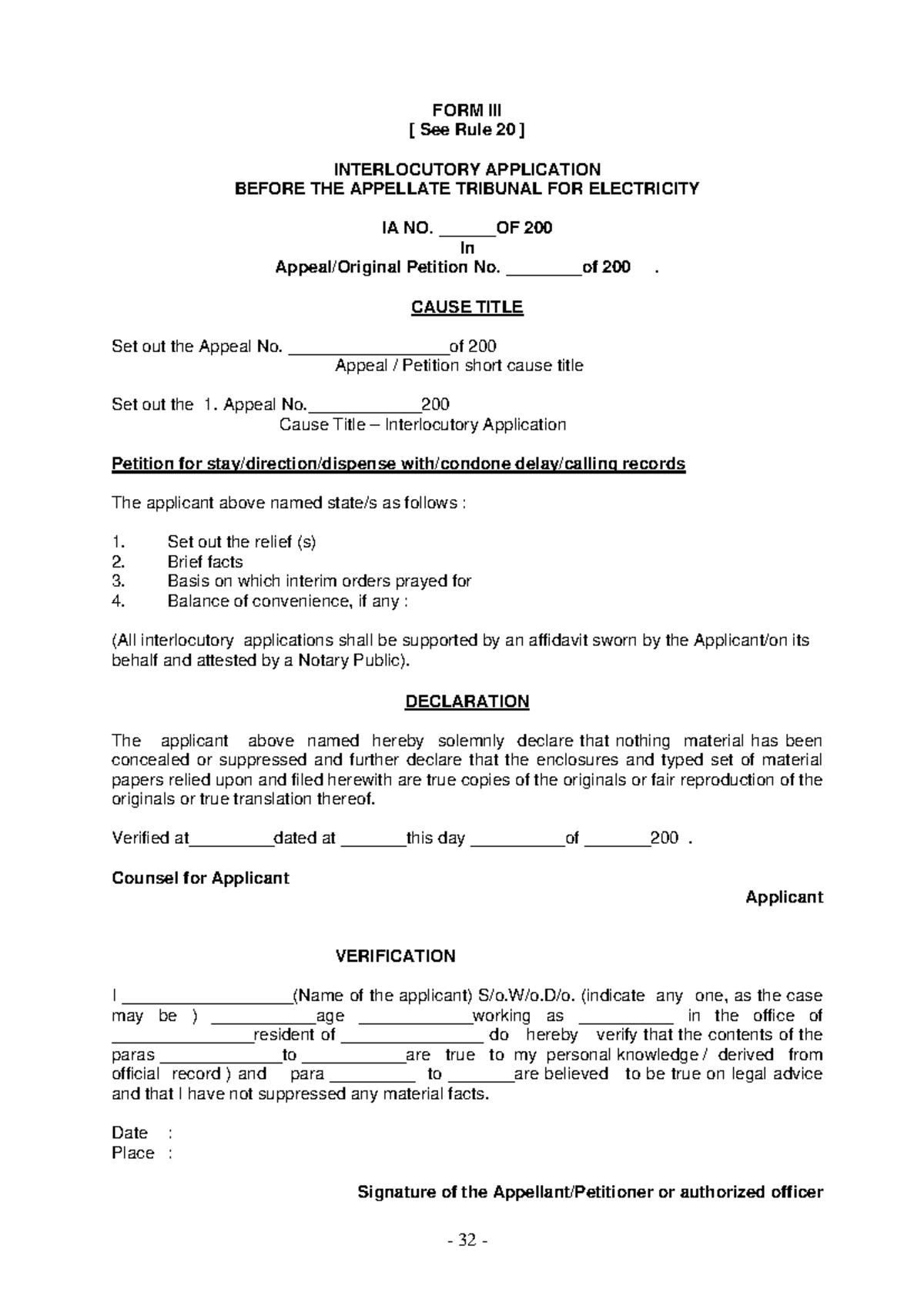 Form -III Interlocutory Application - 32 - FORM III [ See Rule 20 ...