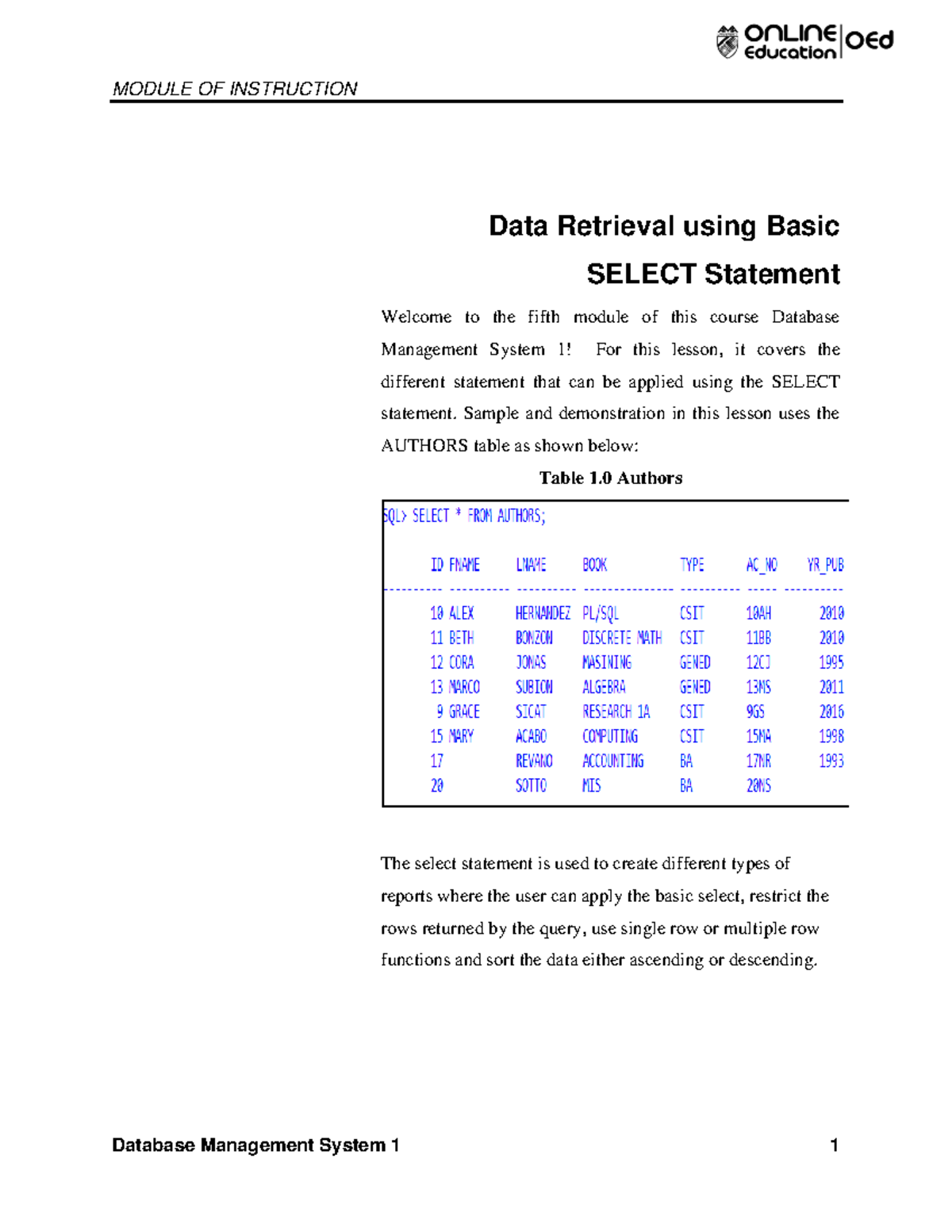 Week005-Module - anonymous - MODULE OF INSTRUCTION Database Management ...