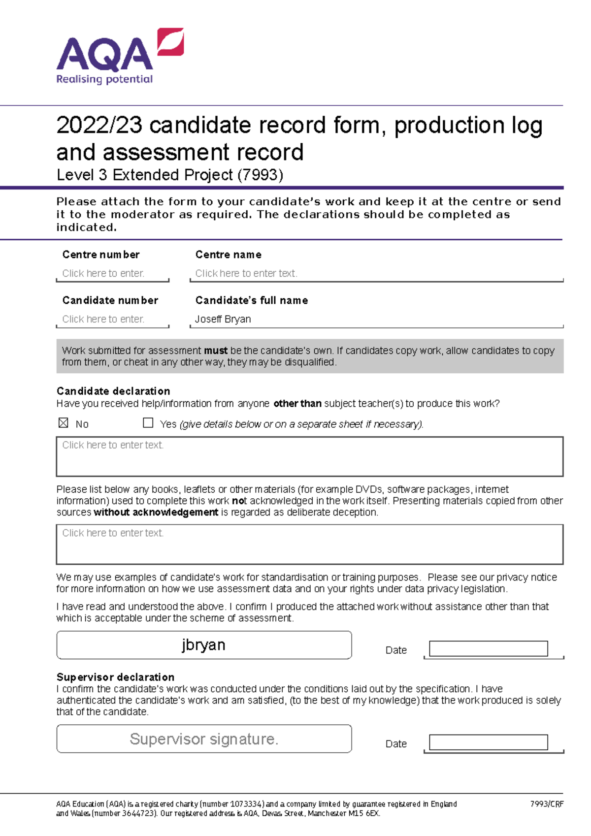 AQA-7993-CRF-23 jbryan# - 2022/23 candidate record form, production log ...
