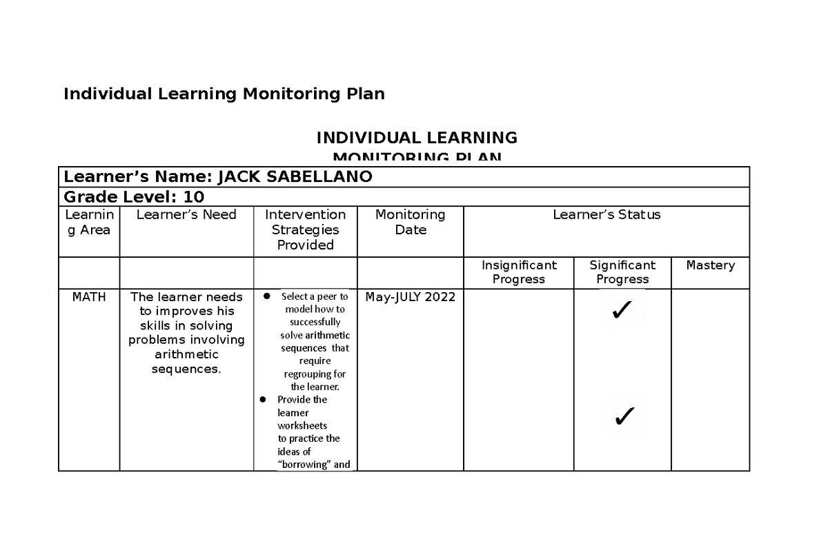 Individual Learning Monitoring Plan - Individual Learning Monitoring ...