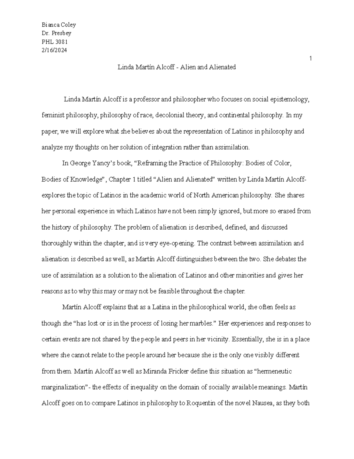 Philosophy Paper Alien and Alienated - Bianca Coley Dr. Presbey PHL ...