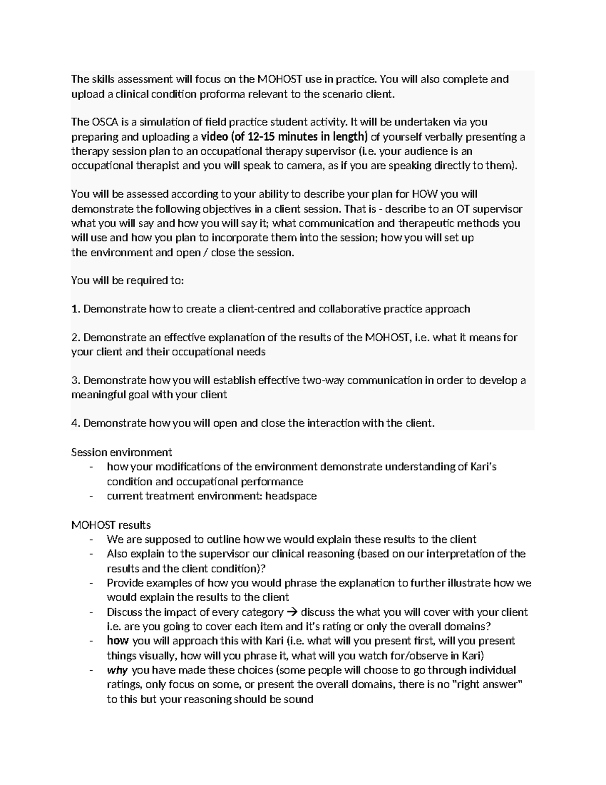 Ax1 planning notes - The skills assessment will focus on the MOHOST use ...