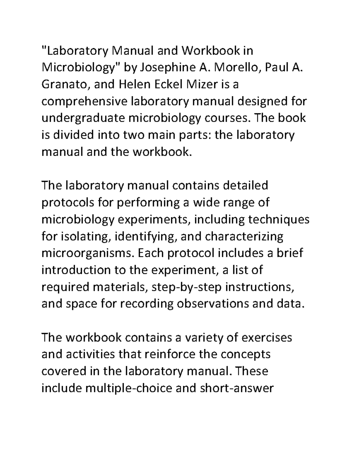 Laboratory Manual and Workbook in Microbiology - "Laboratory Manual and ...