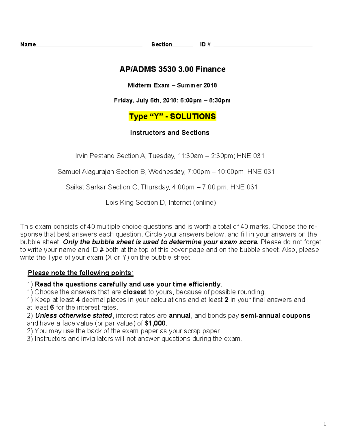 Midterm Exam January 2018, answers - Name Section ID # AP/ADMS 3530 3 ...