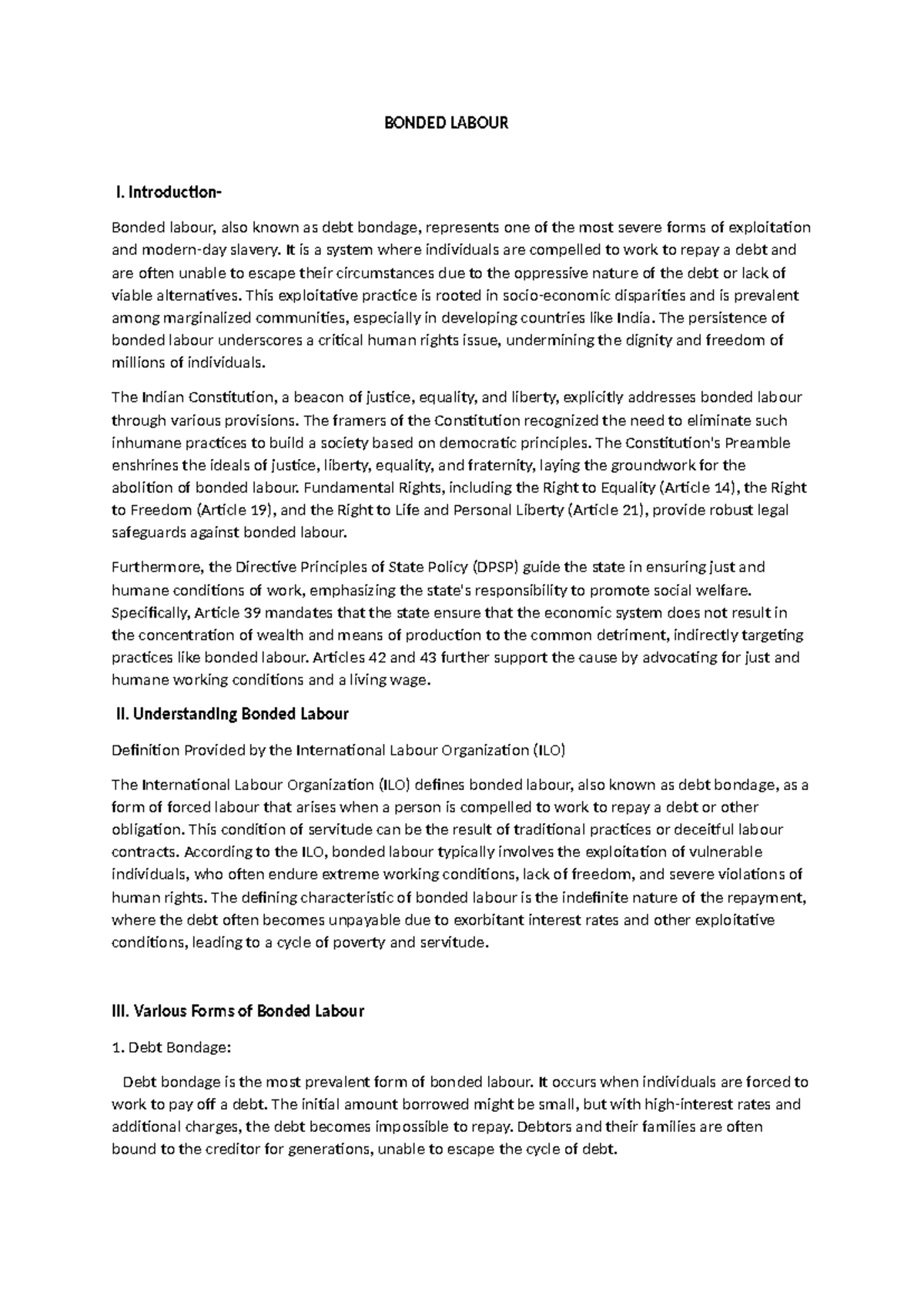 Bonded Labour - BONDED LABOUR I. Introduction- Bonded labour, also ...