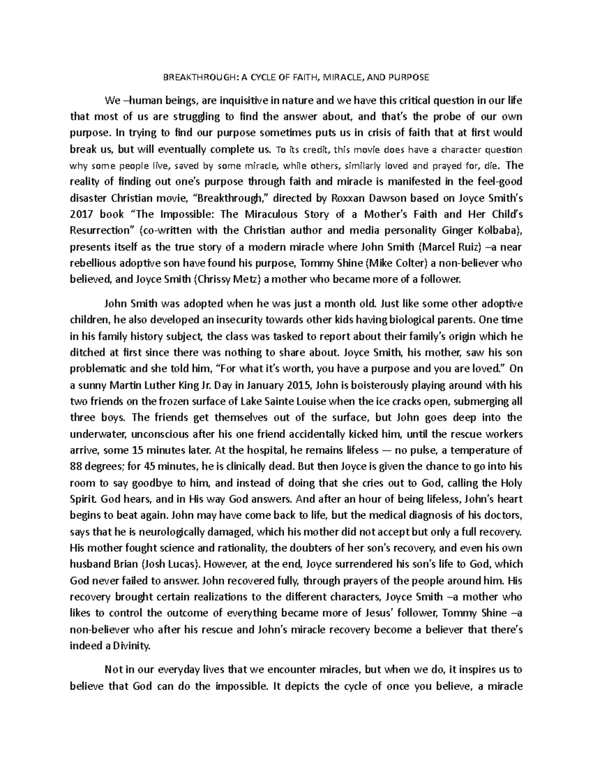 Breakthrough Movie Review - BREAKTHROUGH: A CYCLE OF FAITH, MIRACLE ...