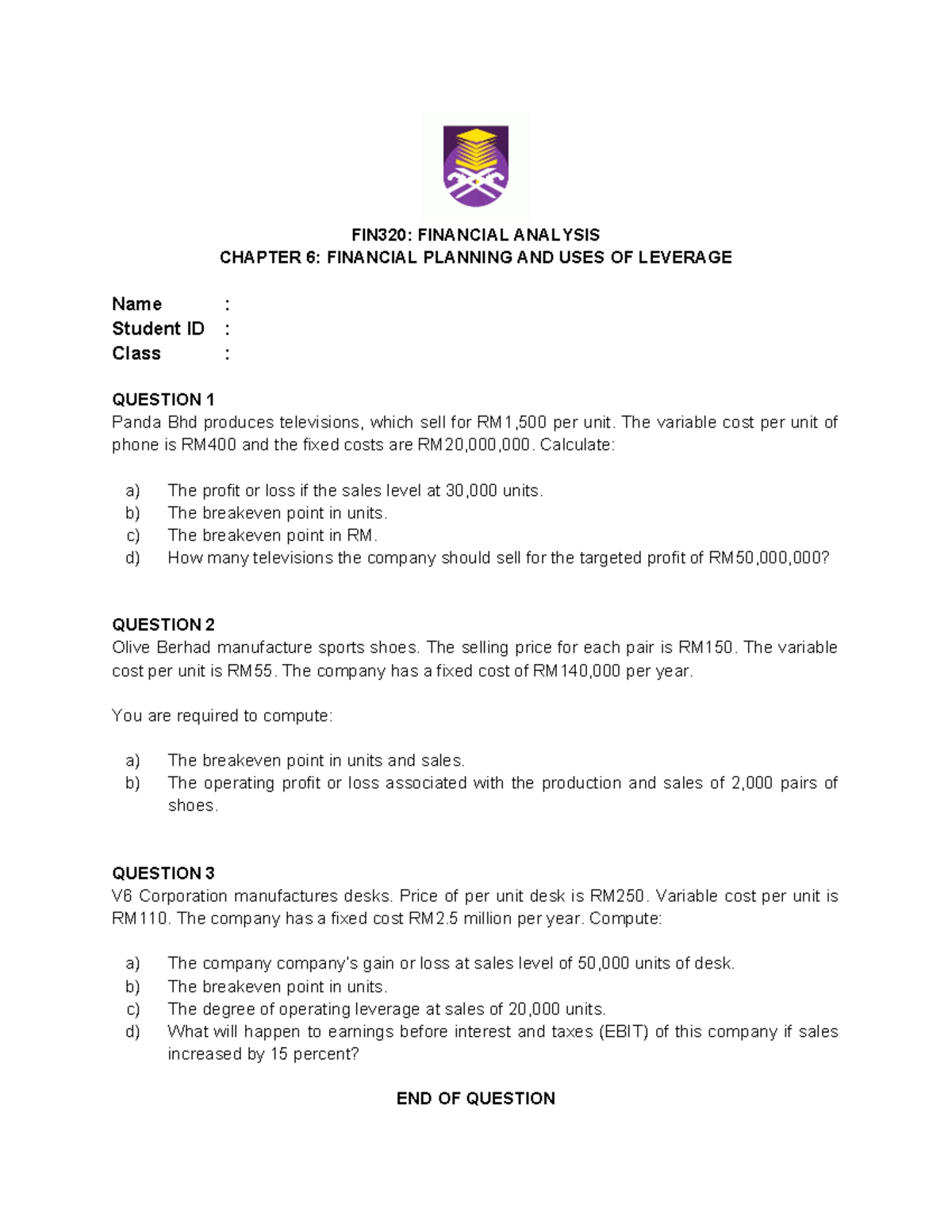 Tutorial 6 - Any - FIN320: FINANCIAL ANALYSIS CHAPTER 6: FINANCIAL ...