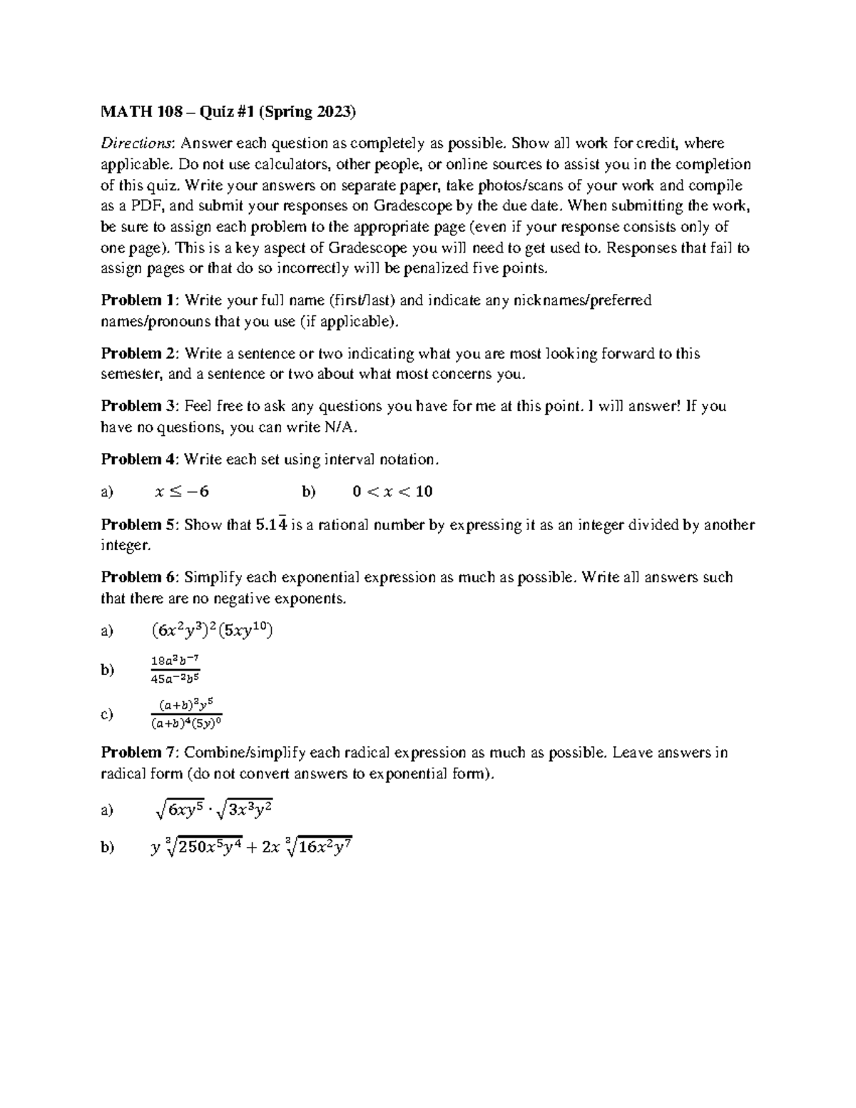 Math108Spring 2023Quiz1 - MATH 108 – Quiz #1 (Spring 2023) Directions ...