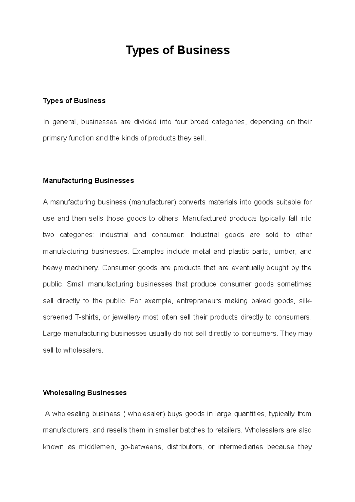 Types of Business - notes that have a definitions, examples, solution ...