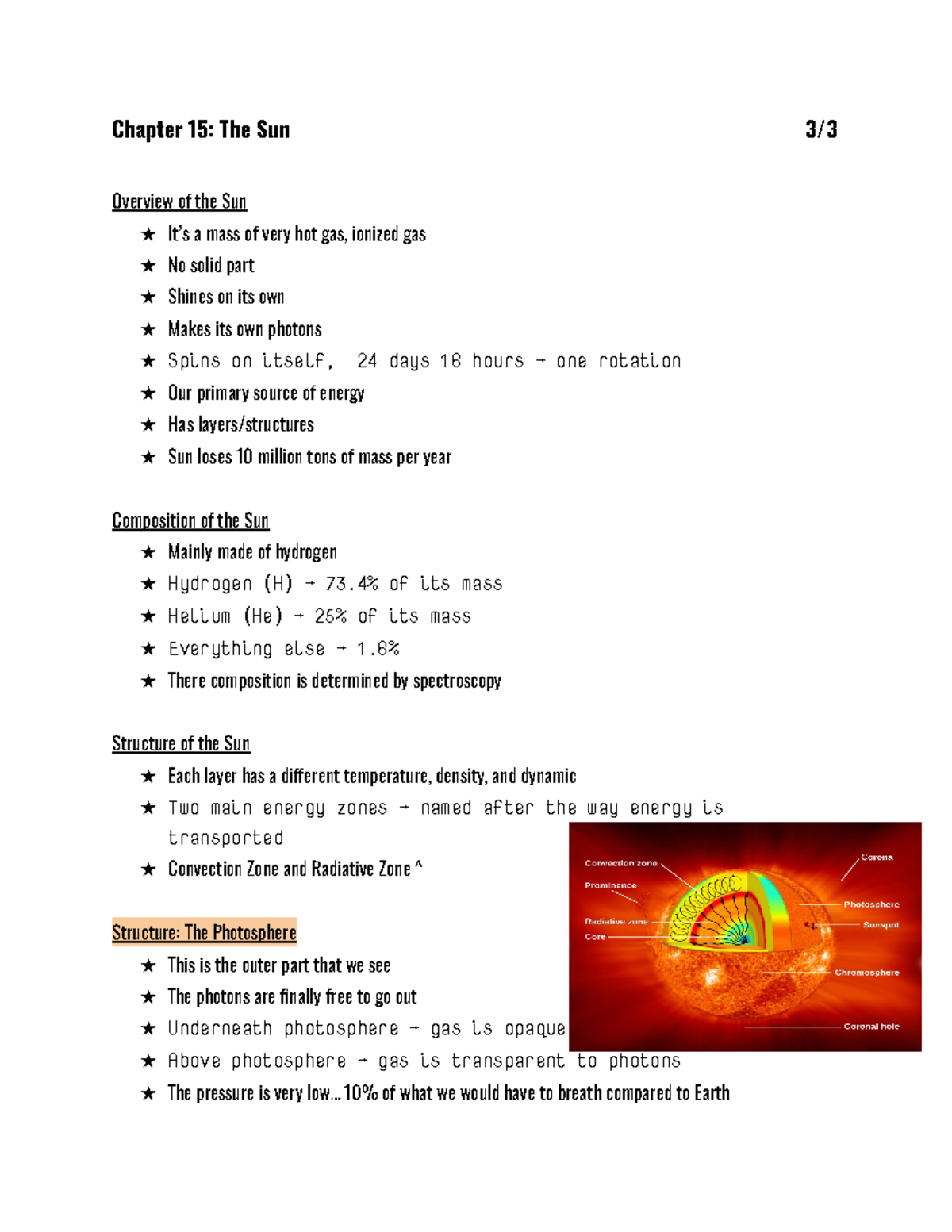 Ch. 15 - Note description on the Sun. Including an overview ...