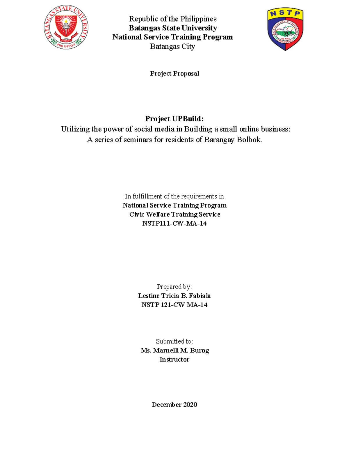 NSTP - Final Project Proposal - National Service Training Program ...