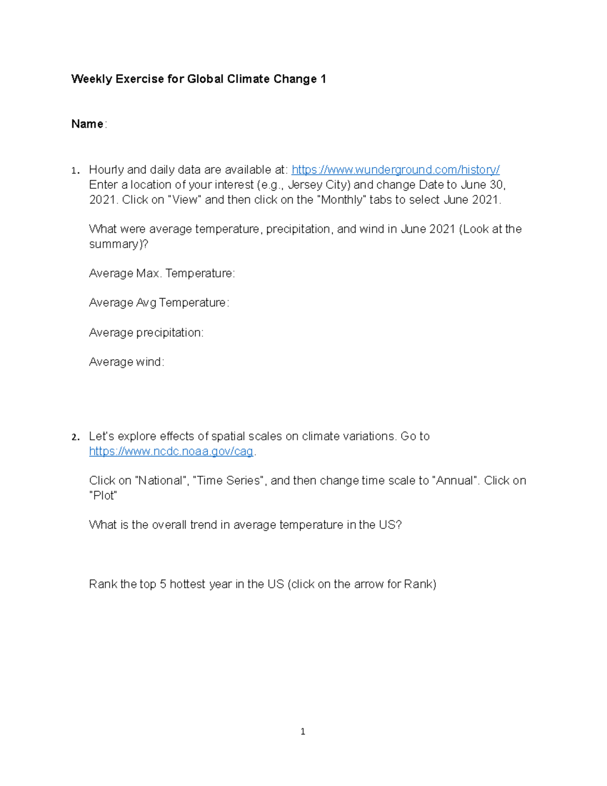 Weekly Exercise for Global Climate Change 1 - , Jersey City) and change ...