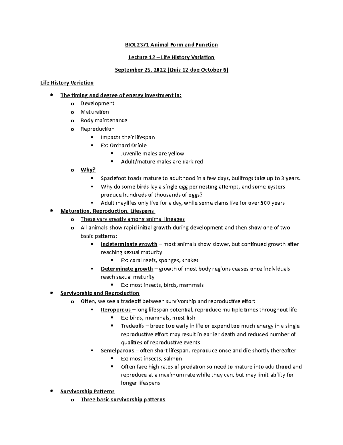 BIOL2371 Lecture 12 Life History Variation - BIOL2371 Animal Form and ...