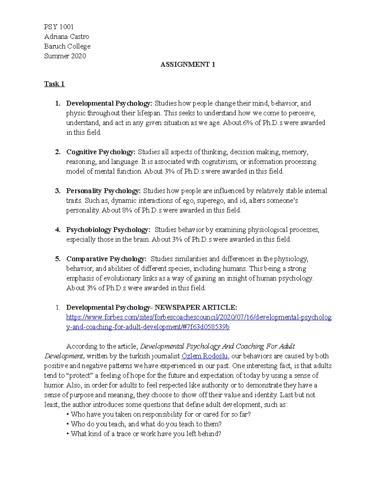 Assignment 1 - PSY 1001 Adriana Castro Baruch College Summer 2020 ...