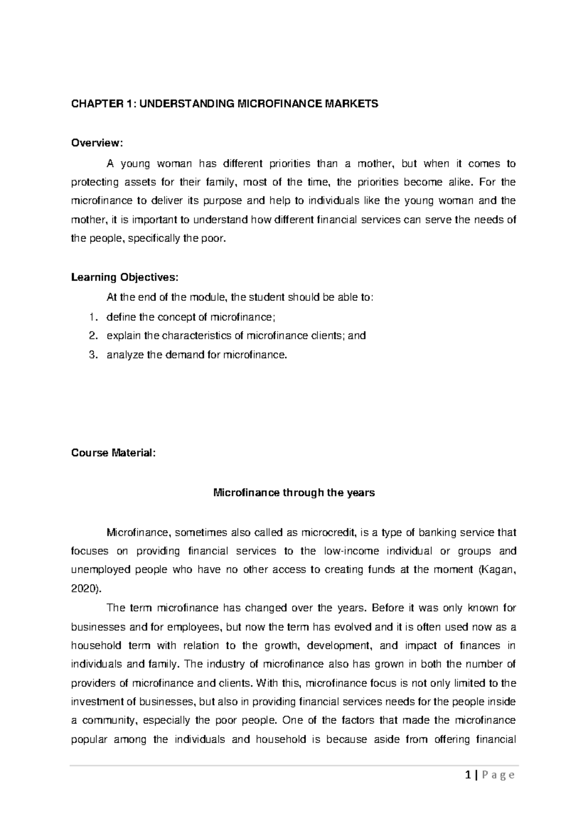 Chapter-1-Microfinance - CHAPTER 1: UNDERSTANDING MICROFINANCE MARKETS ...
