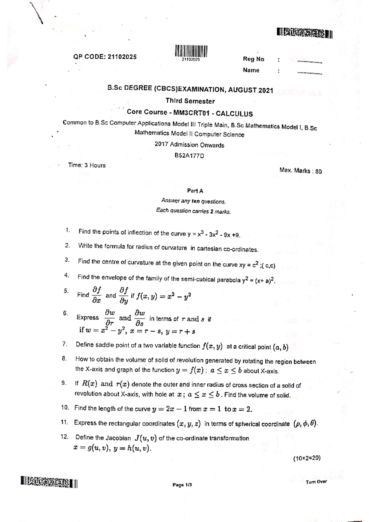 Calculus 3 Rd sem - QP CODE: 21102025 21102025 Reg No : Name : B DEGREE ...