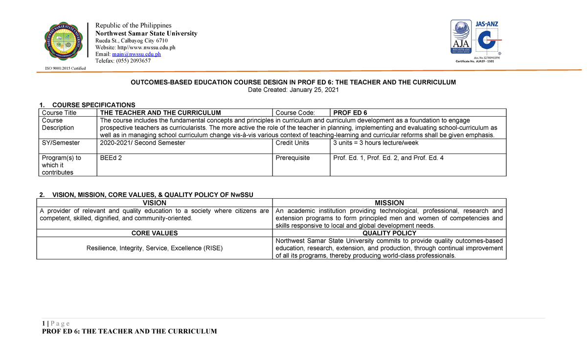 Syllabus The Teacher and the School Curriculum - ISO 9001:2015 ...