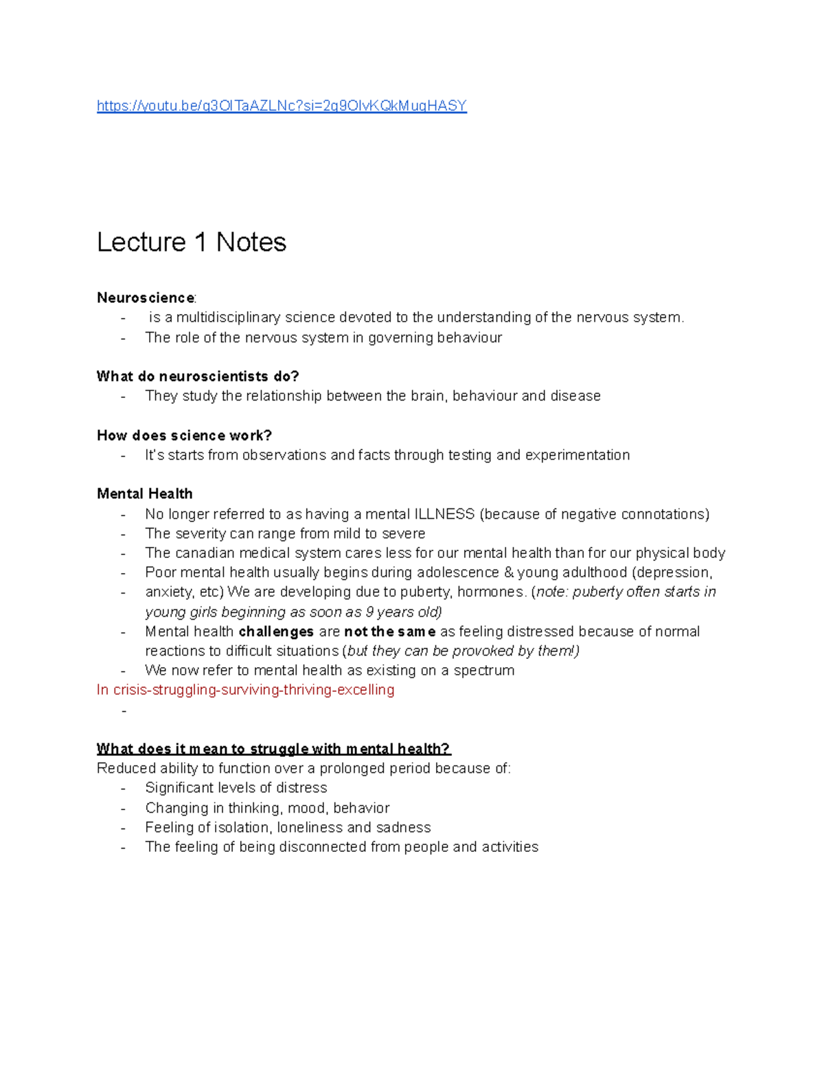Neuroscience Notes - youtu/q3OITaAZLNc?si=2q9OlvKQkMugHASY Lecture 1 ...