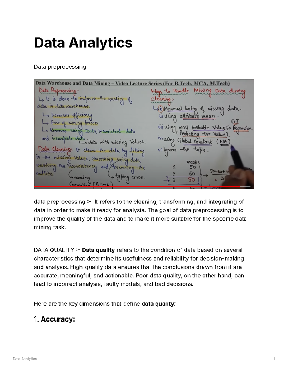 Data analytics - Data Analytics Data preprocessing data preprocessing It refers to the cleaning ...