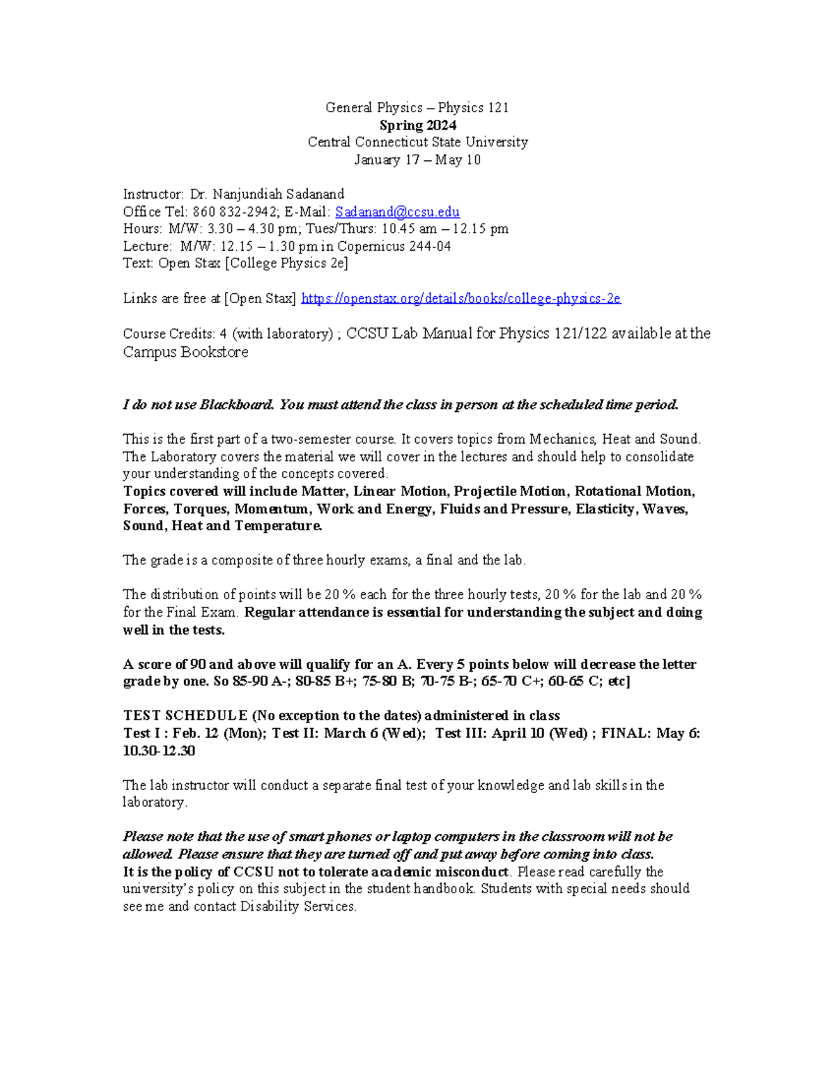 Phys121syl - Syllabus - General Physics – Physics 121 Spring 2024 Central Connecticut State ...