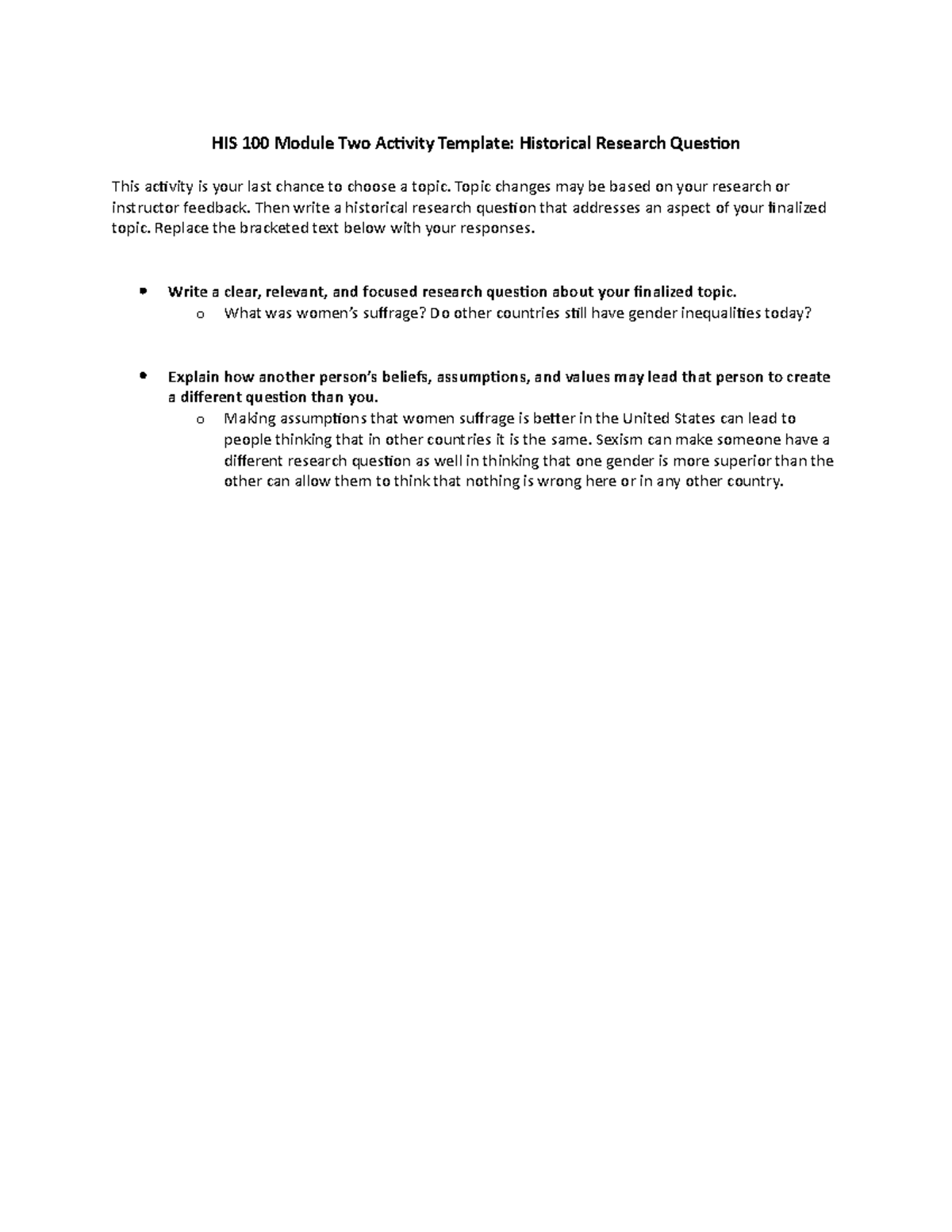 His 100 module 2 research question - HIS 100 Module Two Activity ...