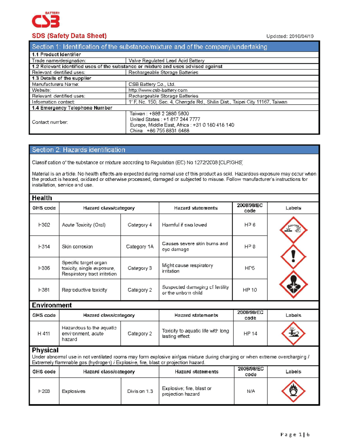 CSB Safety Data Sheet - BATTERY CS3 SDS (Safety Data Sheet) Updated ...