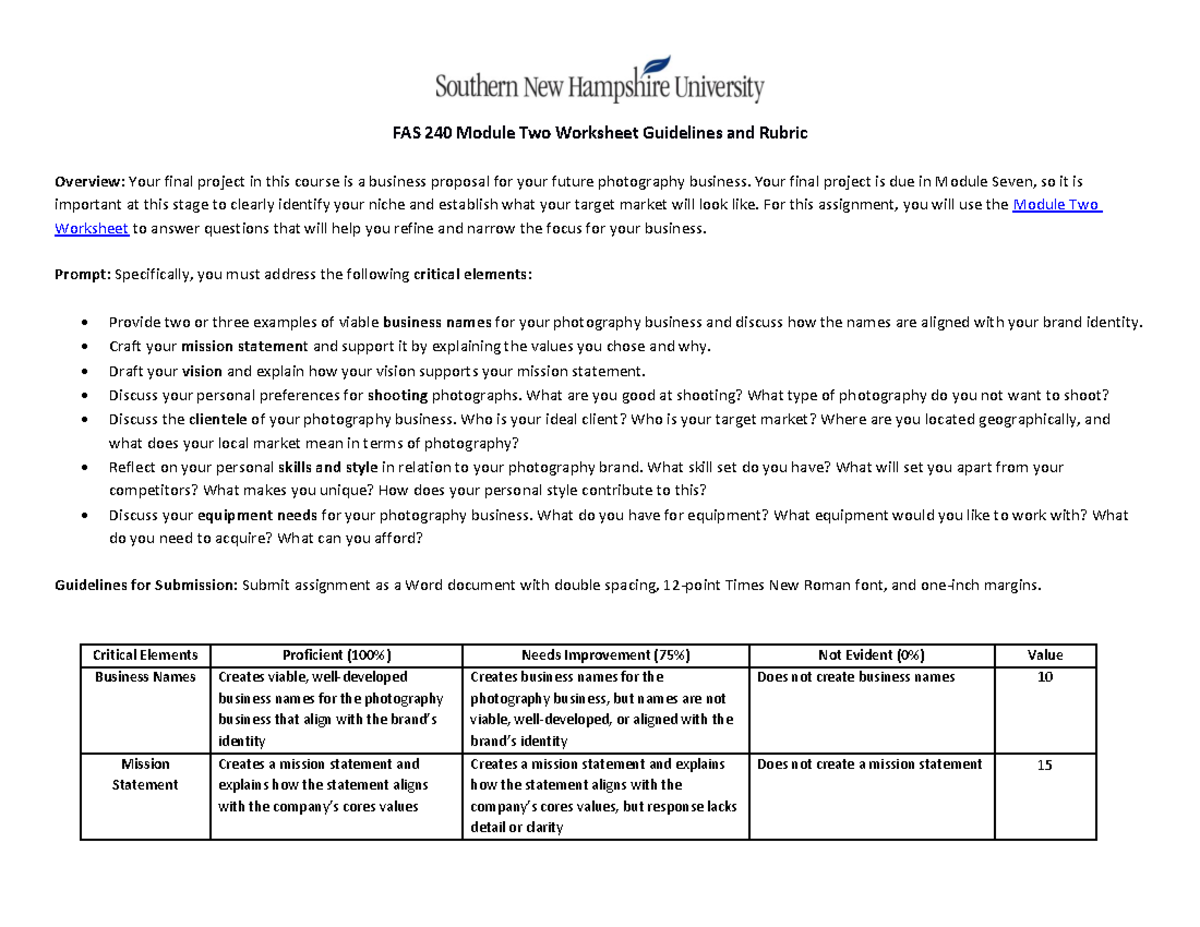 FAS 240 Module Two Worksheet Guidelines and Rubric - Your final project ...