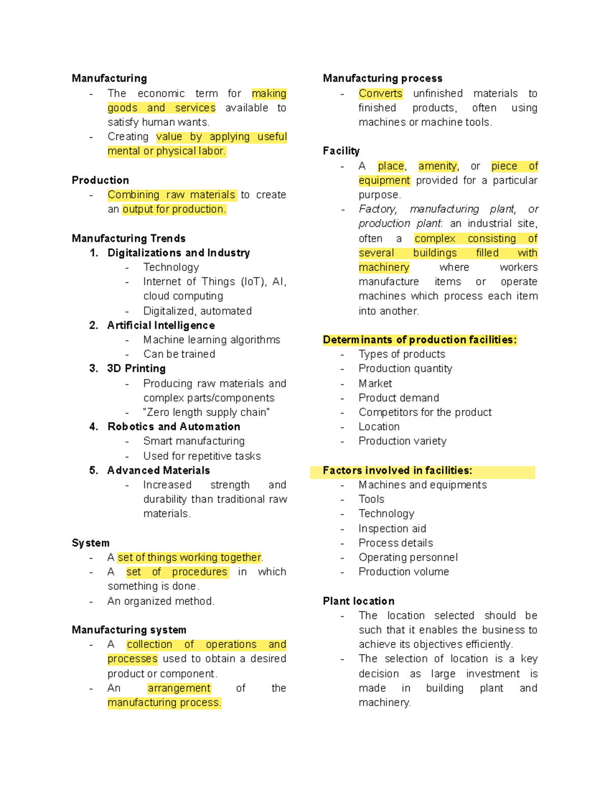 IMP MID - IMP midterms - Manufacturing - The economic term for making ...