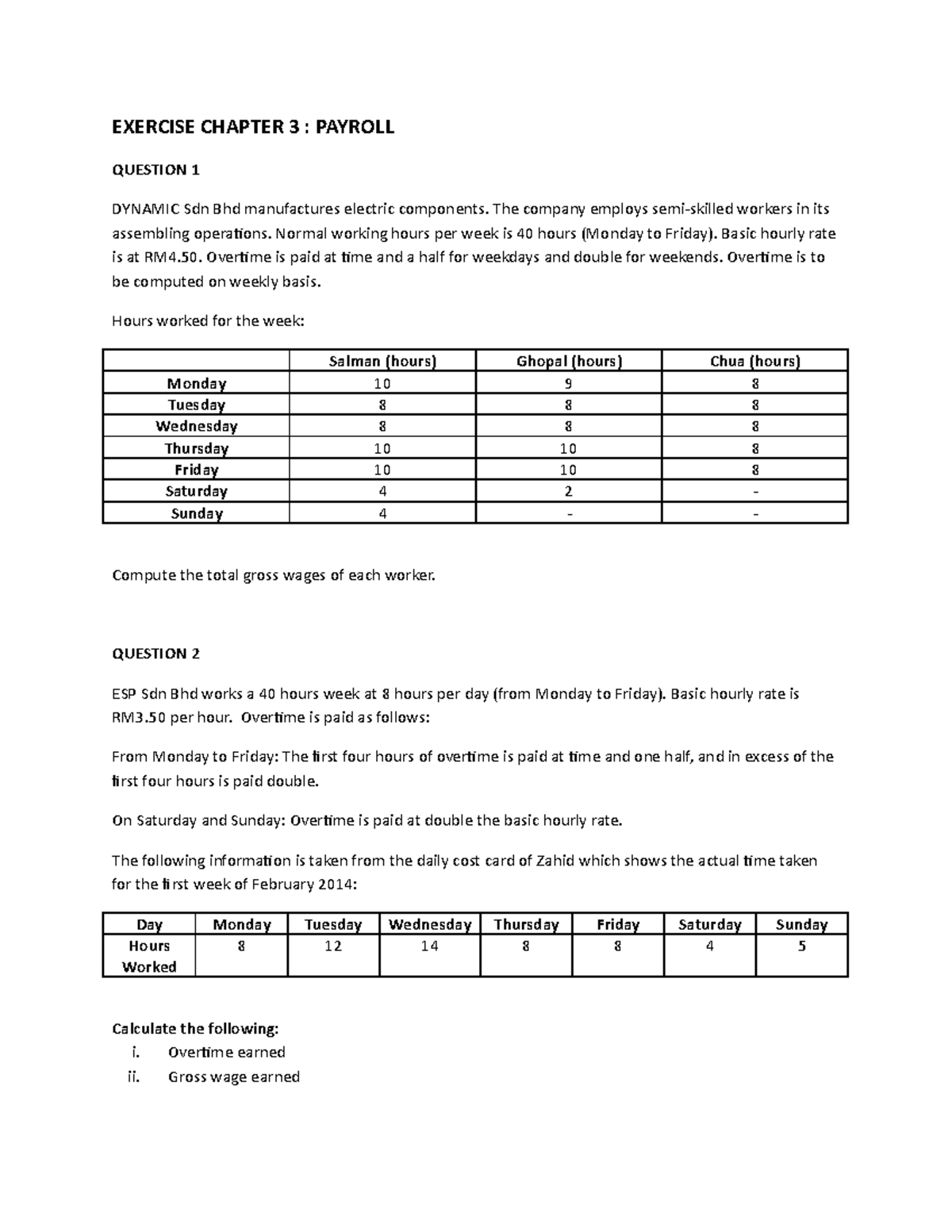 Payroll Business Mathematics Exercise - EXERCISE CHAPTER 3 : PAYROLL ...