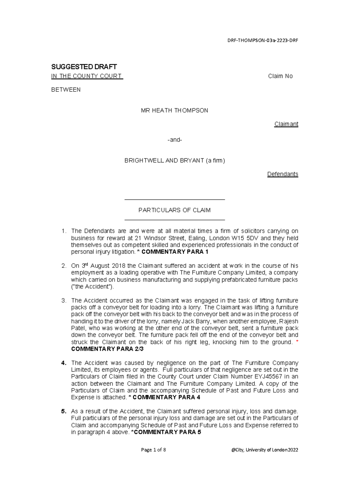 Drafting Notes and Tutorial - SUGGESTED DRAFT IN THE COUNTY COURT Claim ...