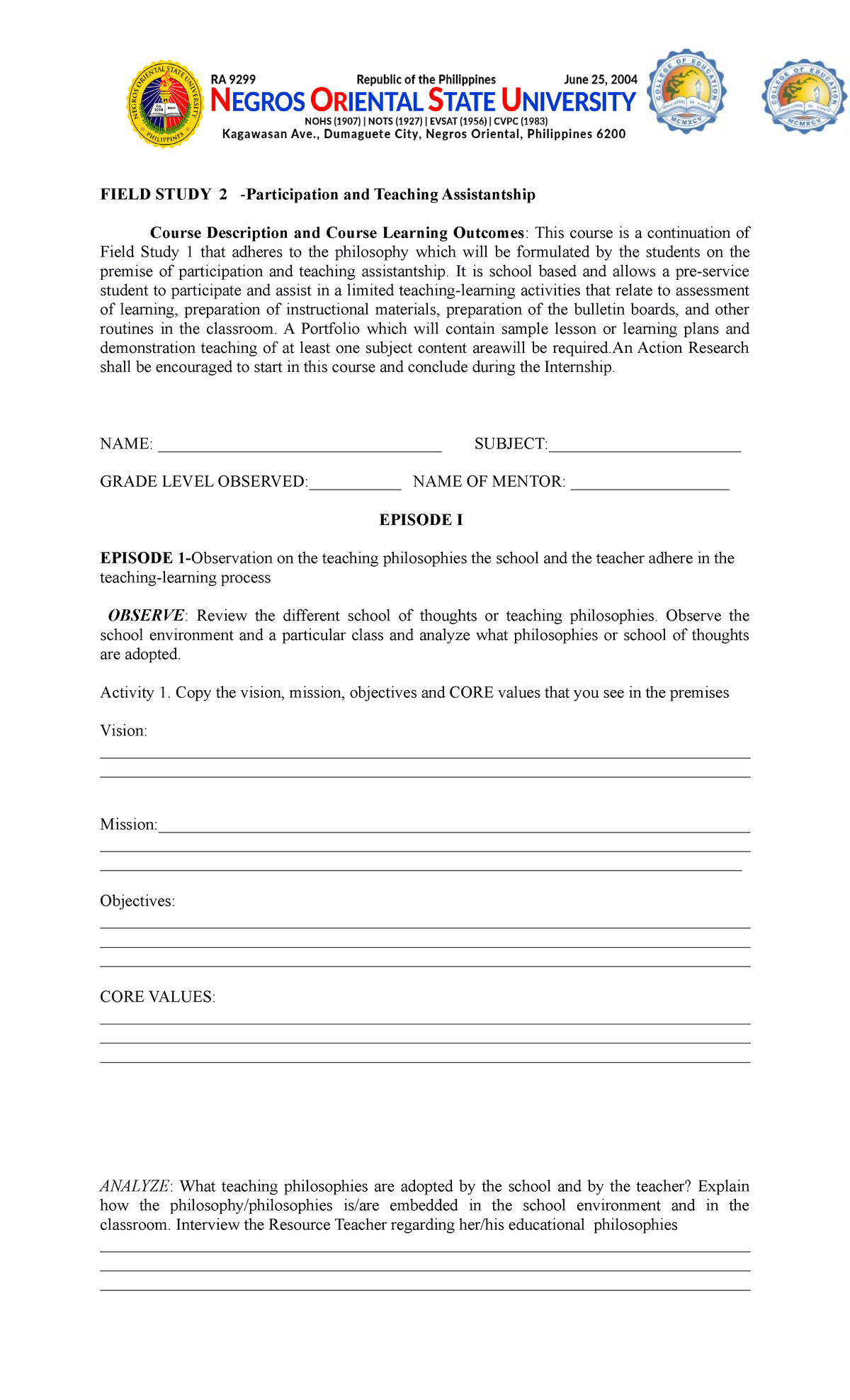 FS 2 Episode 1 - FIELD STUDY 2 - FIELD STUDY 2 - Participation and ...