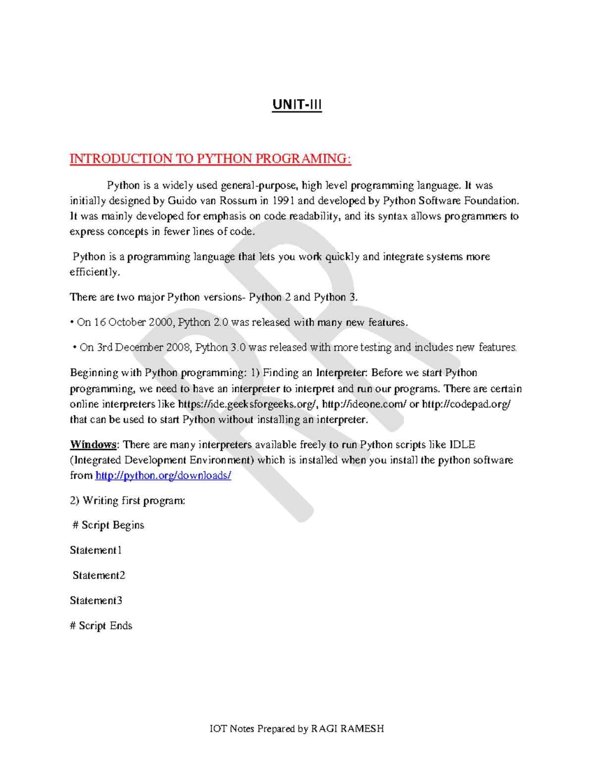 IOT UNIT 3 - IOT UNIT 3 NOTES - UNIT-III INTRODUCTION TO PYTHON ...