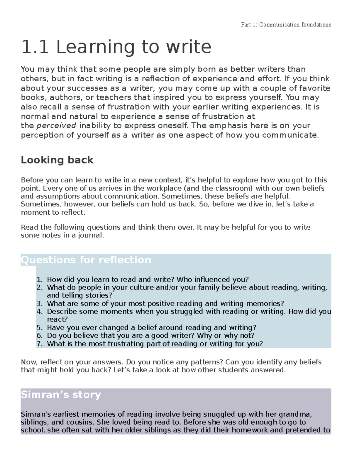 1.1 Learning to Write - Part 1: Communication foundations 1 Learning to ...