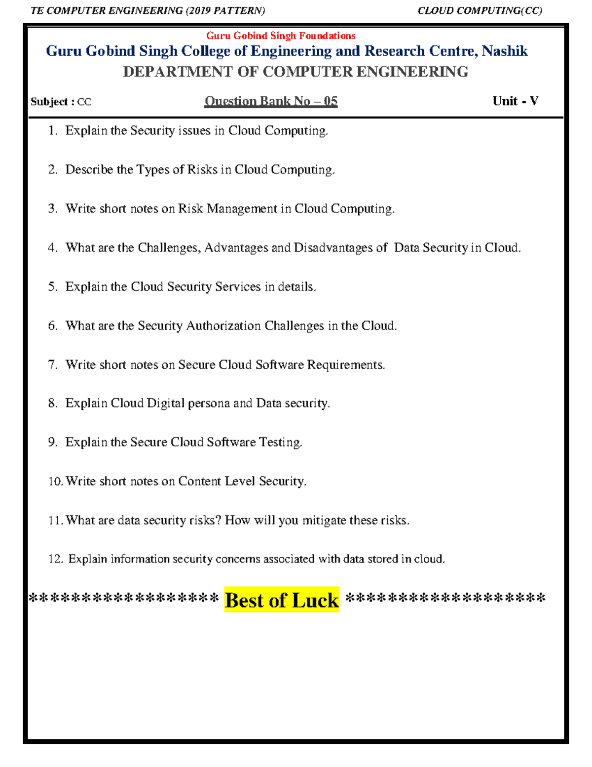 Unit-v-qb - Question bank - TE COMPUTER ENGINEERING (2019 PATTERN) CLOUD COMPUTING(CC) Guru ...