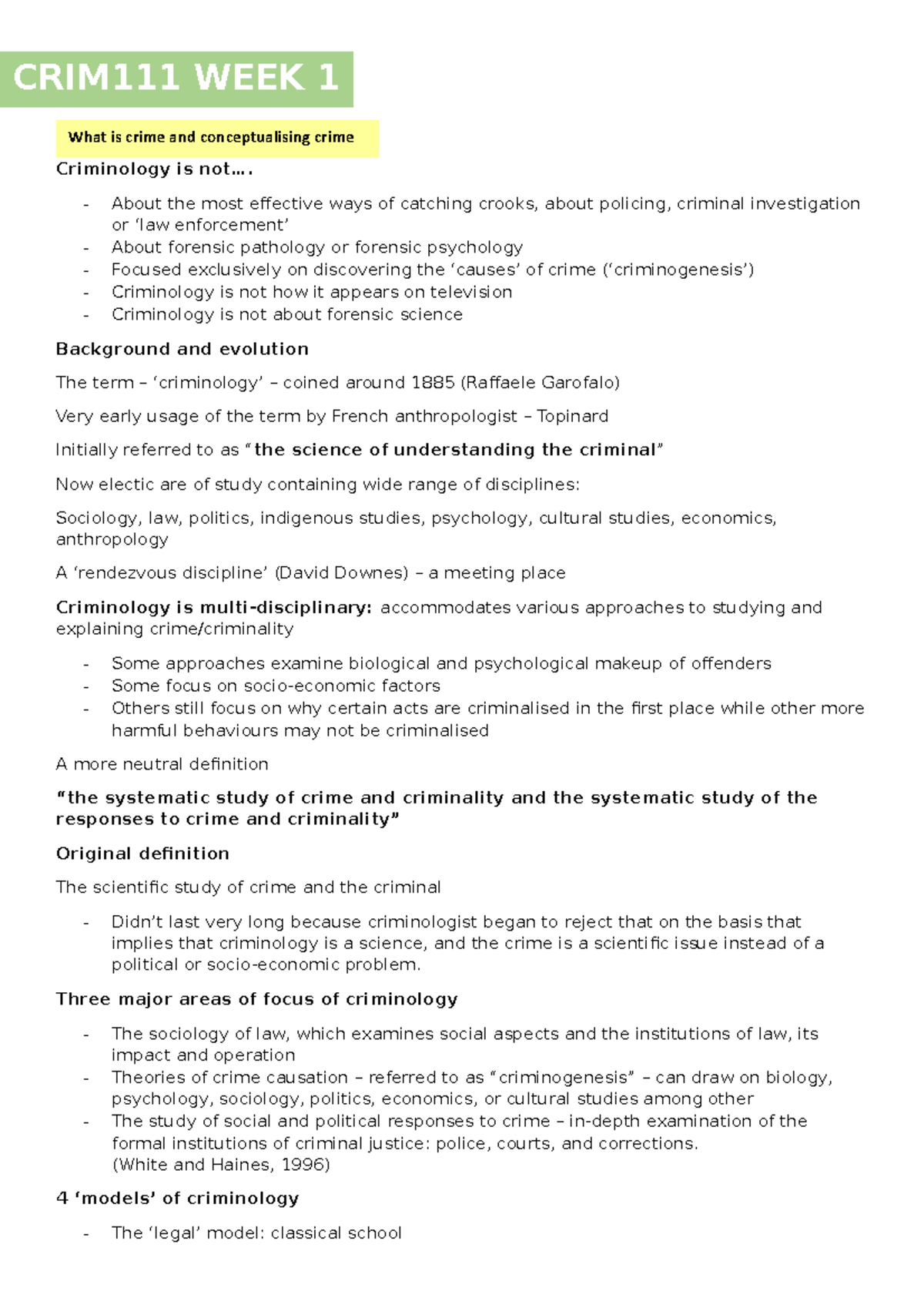 Week 1 Lecture Notes Week 1 Criminology Is Not About The Most Effective Ways Of Catching 