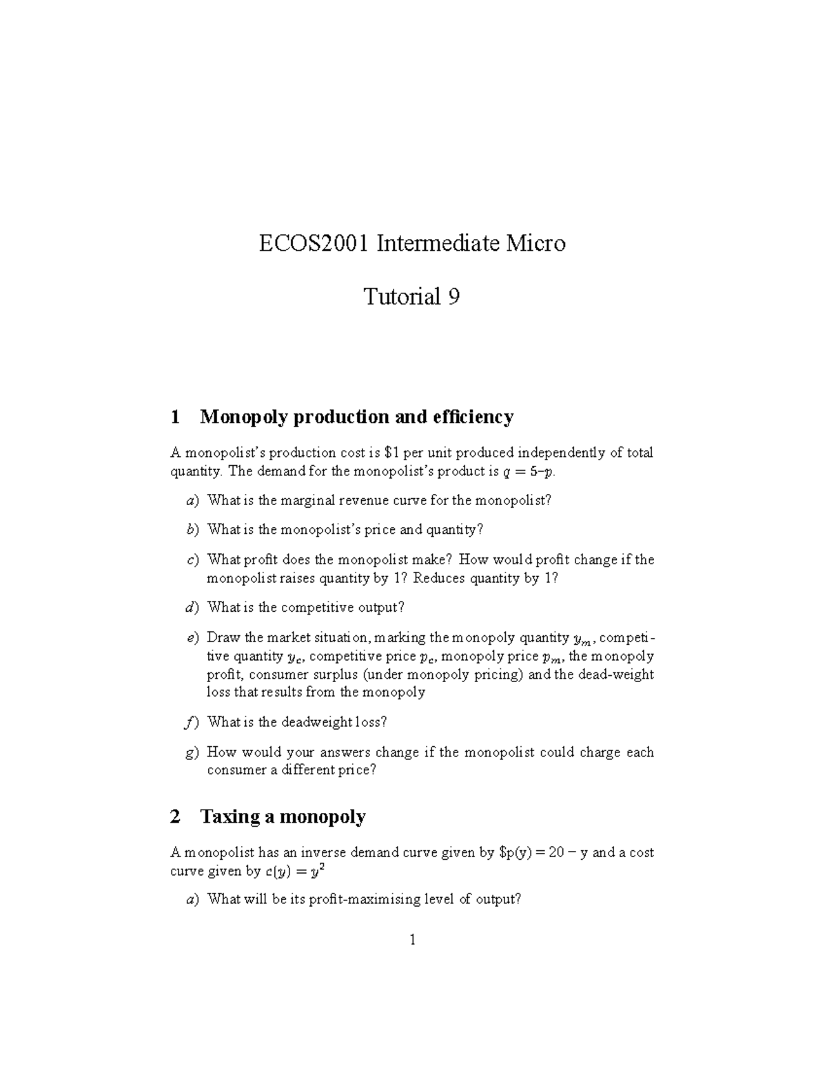 ECOS2001 Tutorial 9 (questions only) - ECOS2001 Intermediate Micro ...